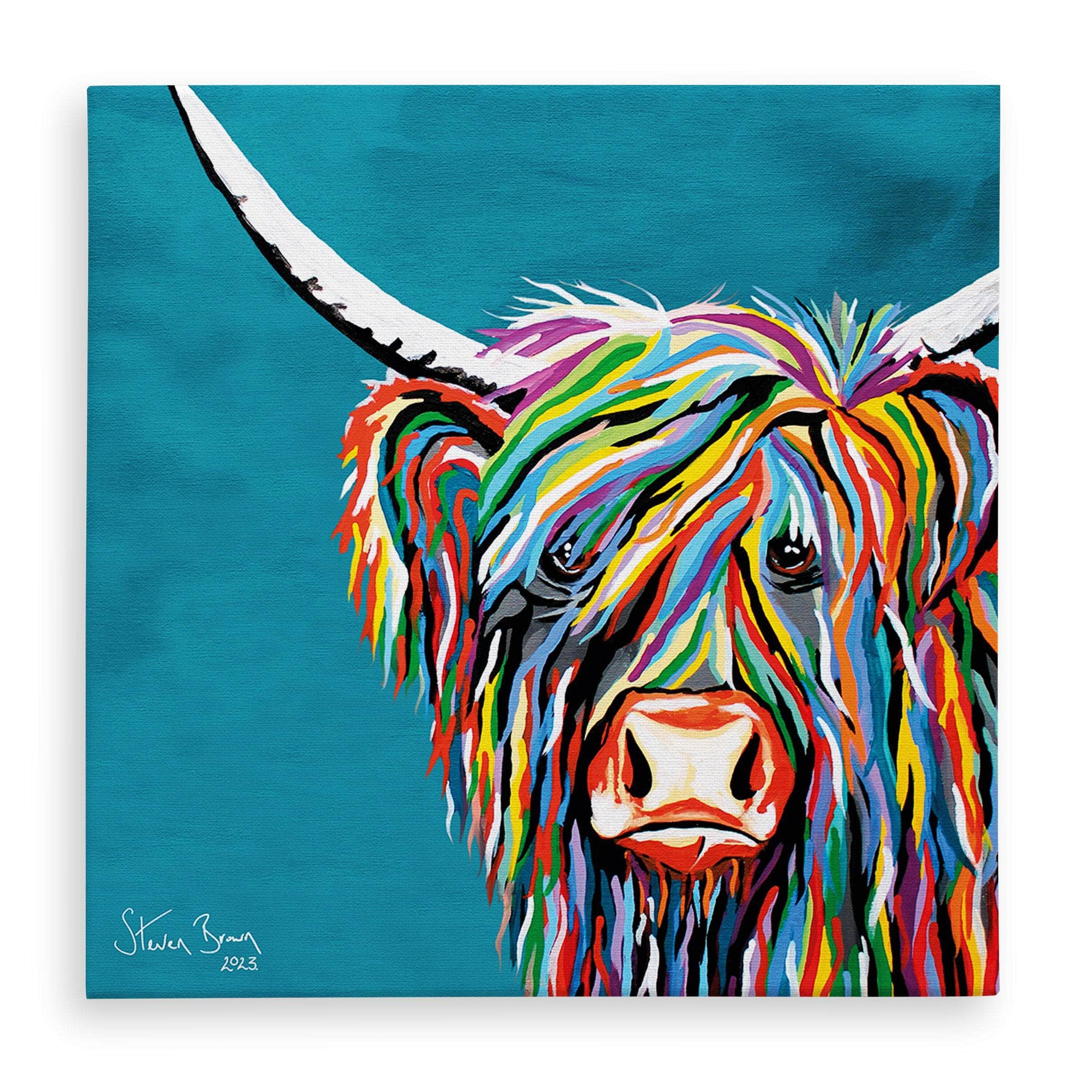 Rainbow Rab McCoo Colourful Highland Cow Canvas | Steven Brown Art